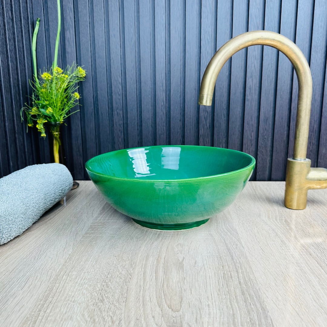 Emerald Green Vessel Sink, Glossy Finish Ceramic Basin Sink, Counter ...