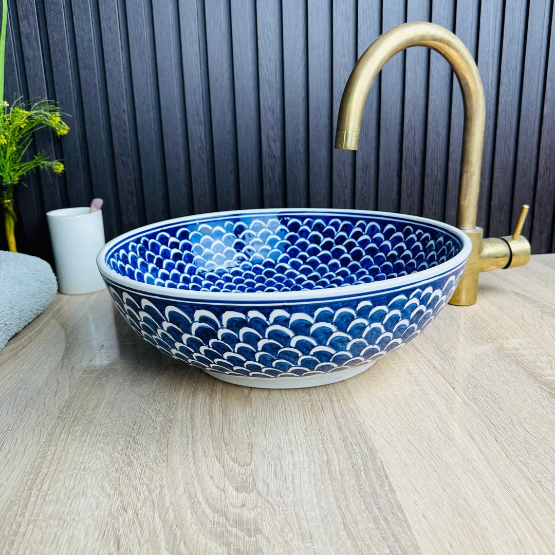 Blue Water Fish Scales Minimalist Bathroom Basin, Farmhouse Handcrafted ...