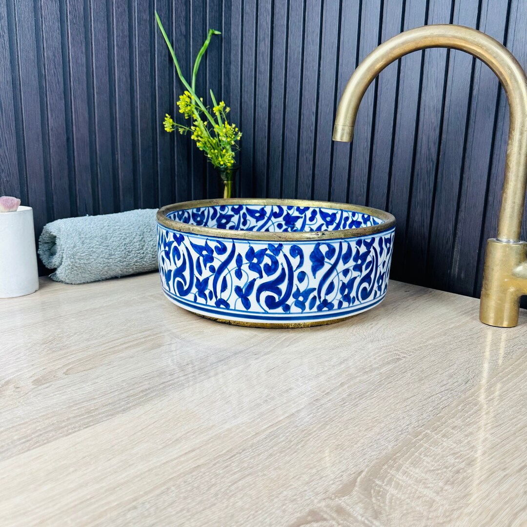 Blue Floral Motif Bathroom Vessel Sink, Brass Rimmed Vanity Washbasin ...