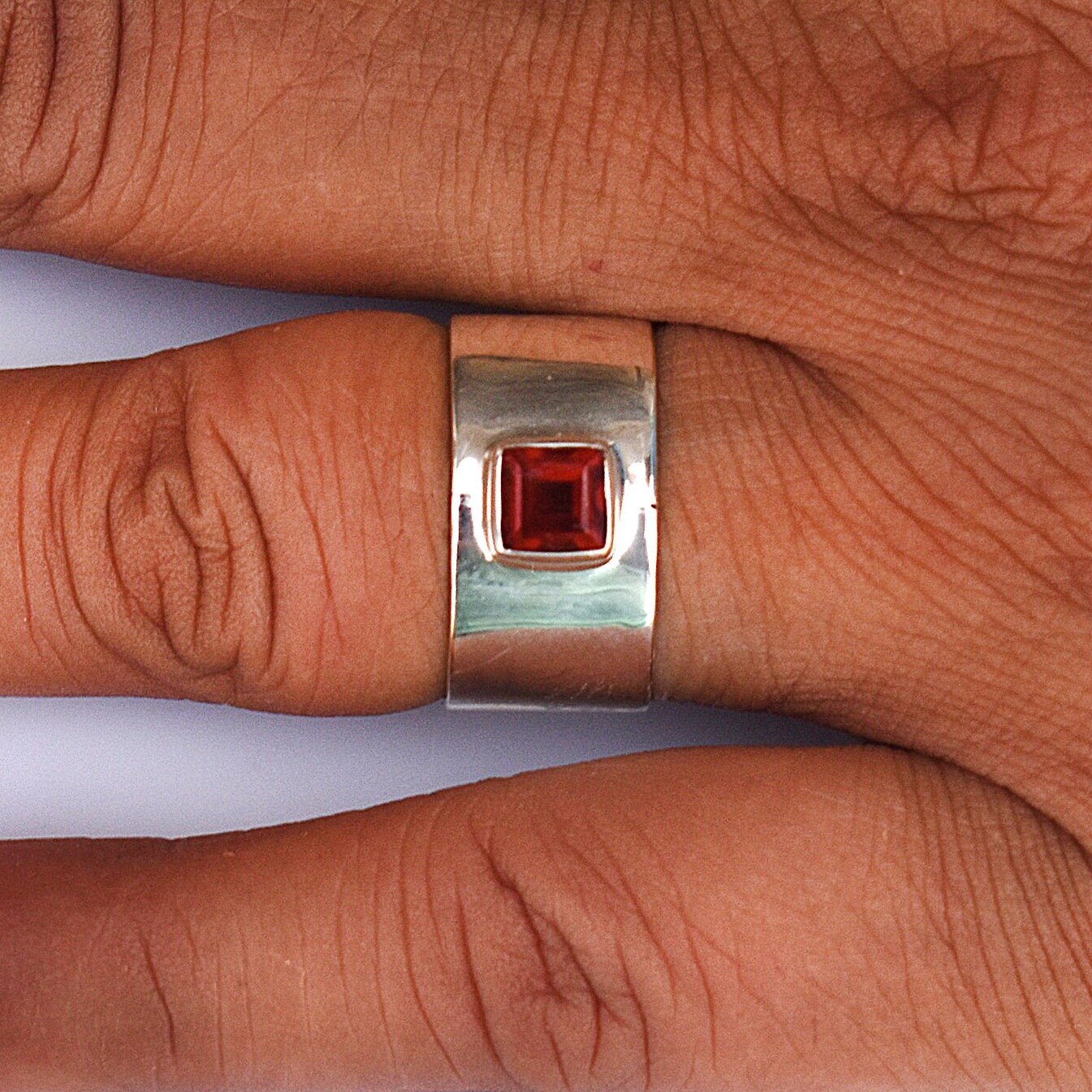 Red Garnet Square Ring: Wide Band, Sterling Silver or Gold Filled - Etsy