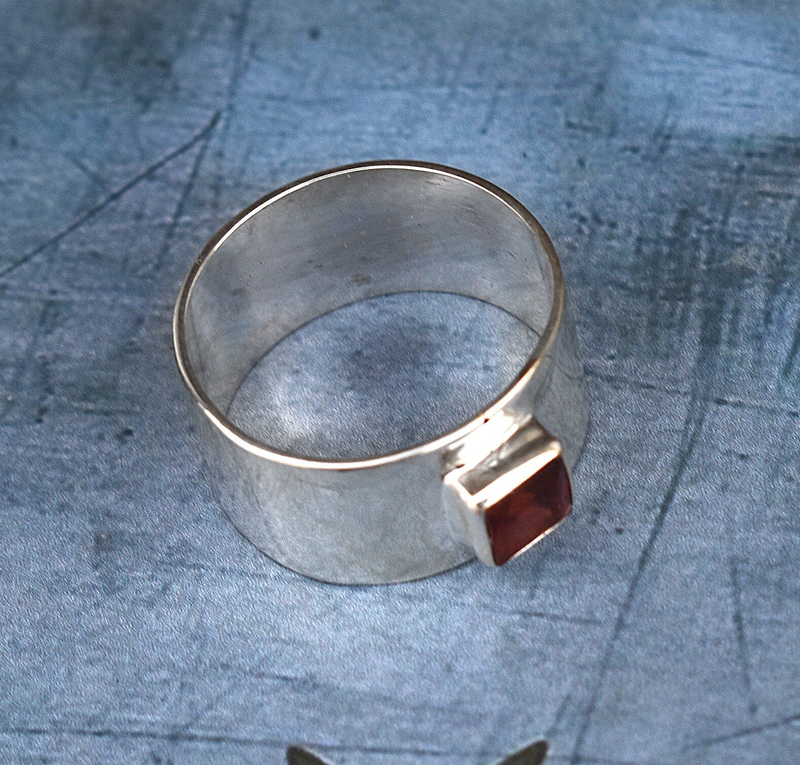 Red Garnet Square Ring: Wide Band, Sterling Silver or Gold Filled - Etsy