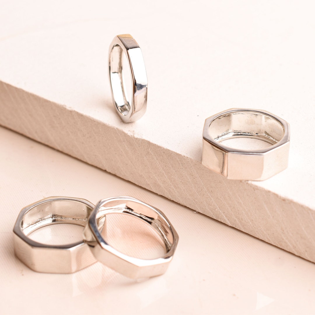 Octagon Silver Ring, Alternating Wedding Band Solid Silver, Hexagon ...