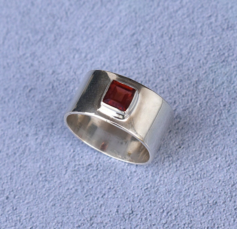 Red Garnet Square Ring: Wide Band, Sterling Silver or Gold Filled - Etsy