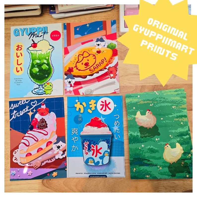 Original Gyuppiimart Konbini Pixel Art Prints 5x7 Melon Soda Omurice ...