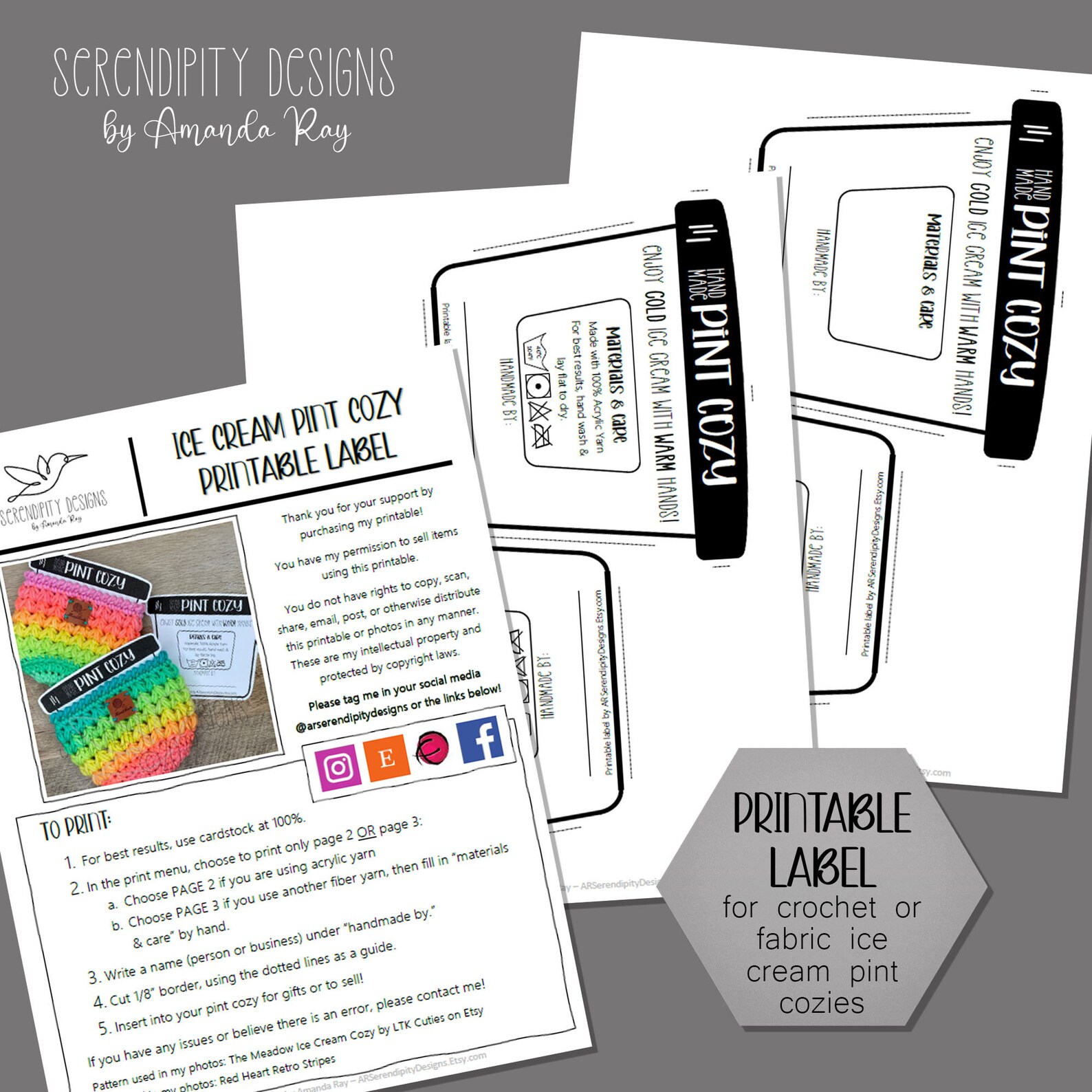 PDF Ice Cream Pint Cozy Label Tag Printable Arserendipitydesigns - Etsy