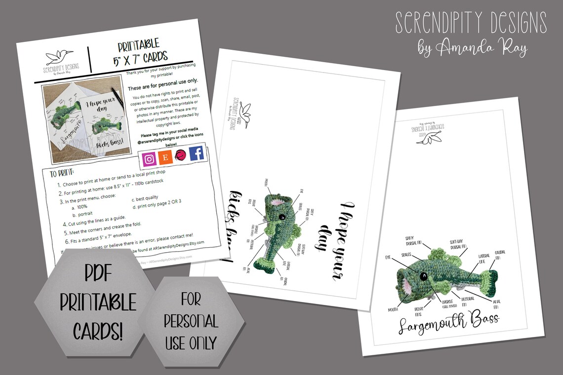 Largemouth Bass PDF Printable Greeting Card Arserendipitydesigns - Etsy