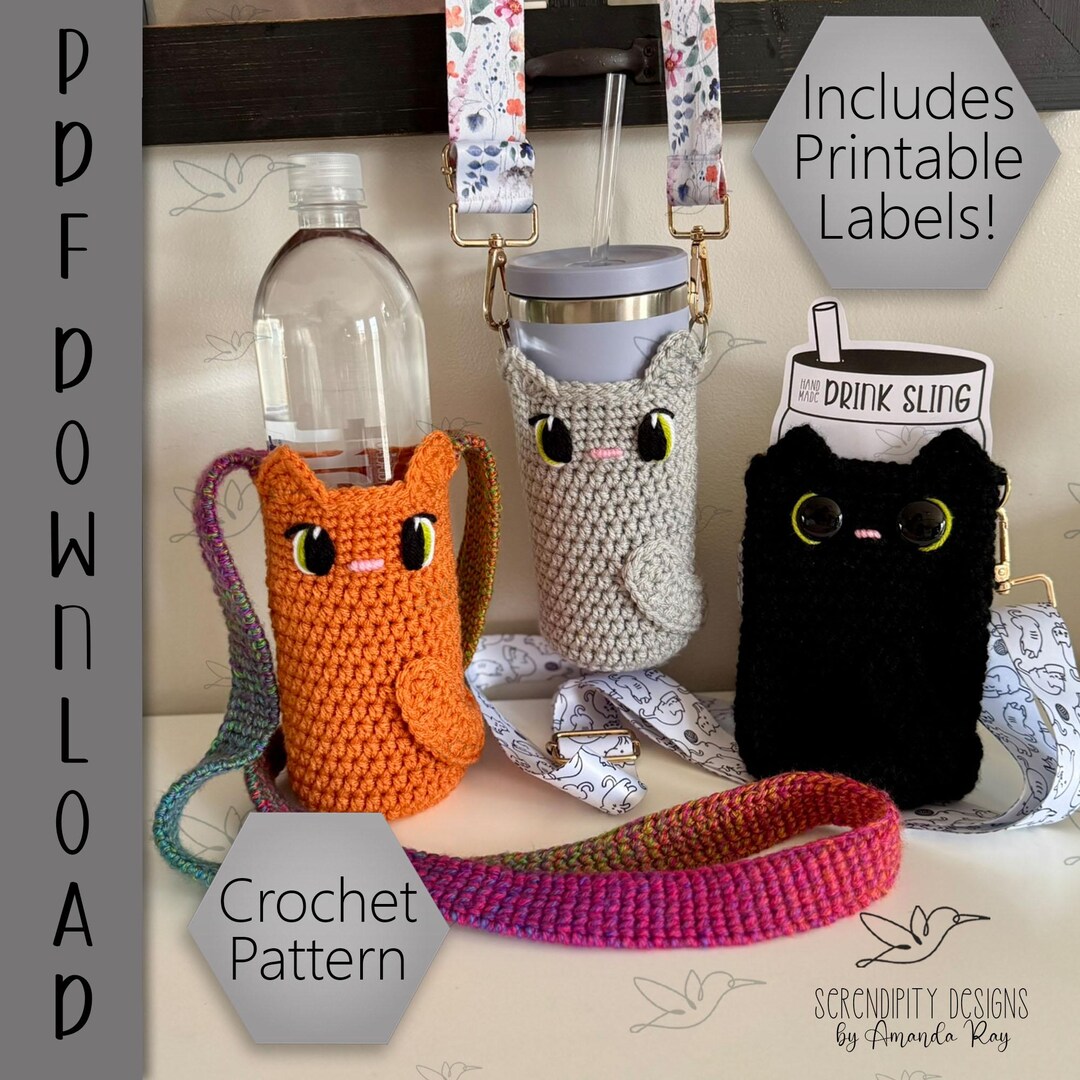 PDF Cat Drink Sling Carrier Cozy Crochet Pattern Printable Labels Tags ...
