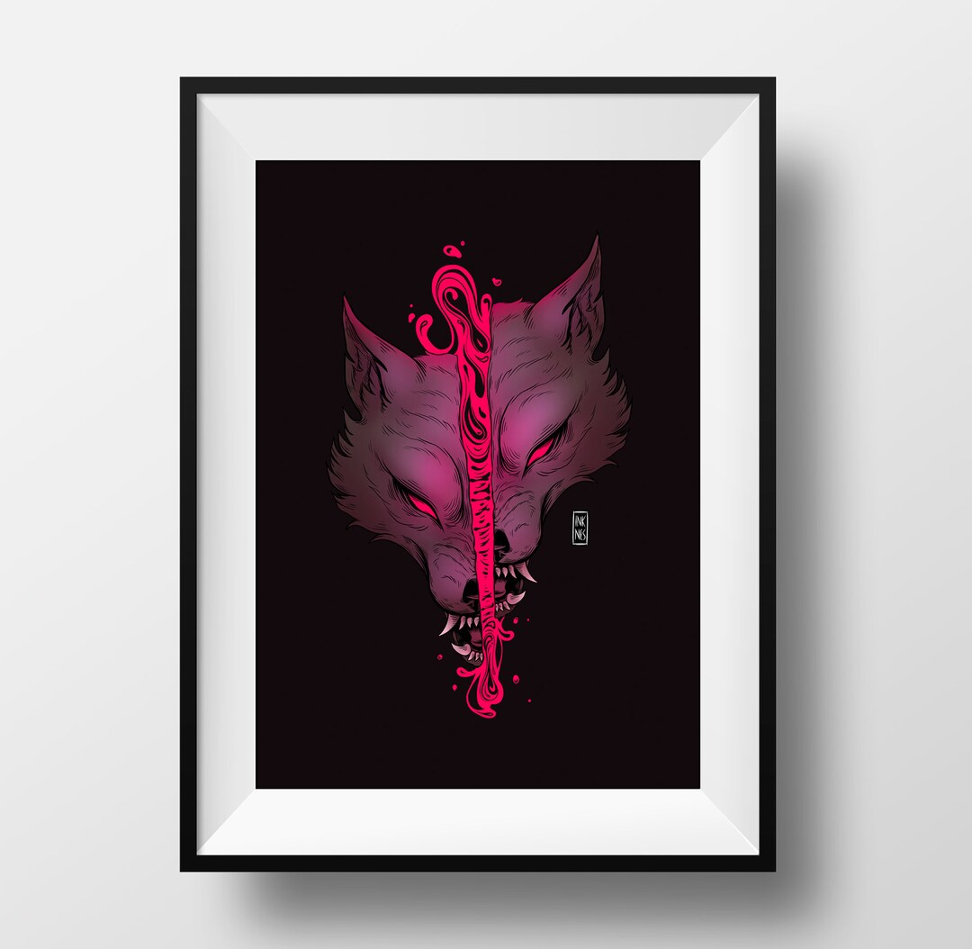 Wolf Head Black and Pink Wolf Art Print Gothic Home Decor Dark Animal ...