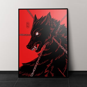 Black Wolf Chained Red Background Wolf Wall Art Gothic Home Decor Dark ...