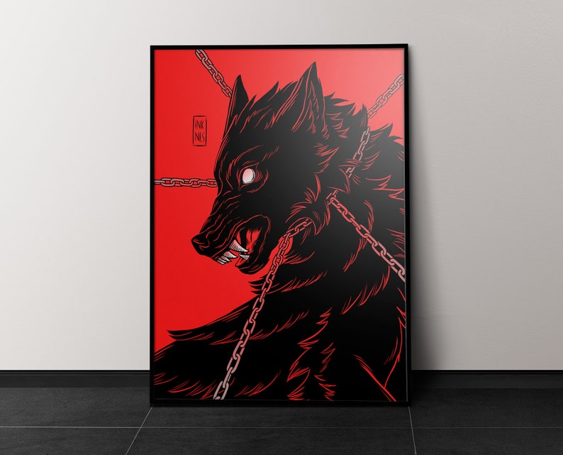 Black Wolf Chained Red Background Wolf Wall Art Gothic - Etsy