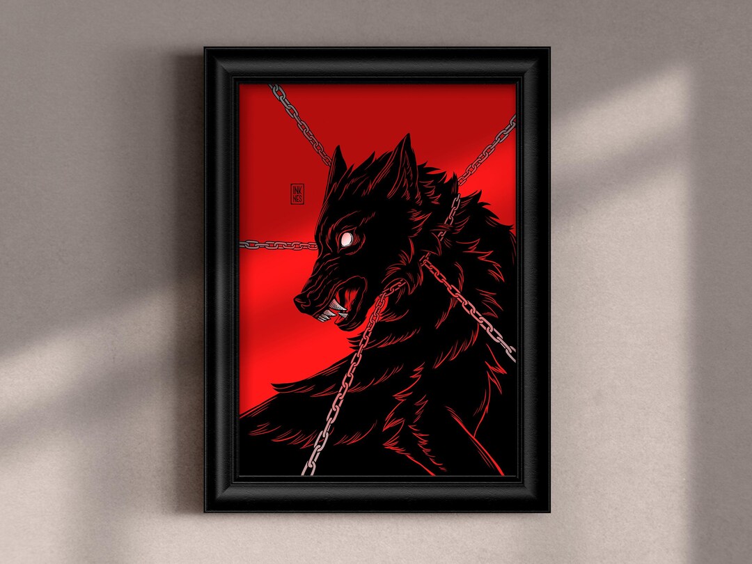 Wolf Art Print With Chain Collar | Dark Art for Goth Home Decor - Etsy