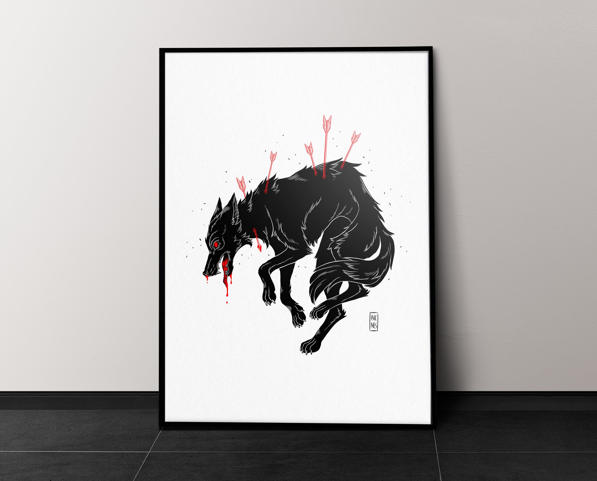 Black Wolf Red Arrows Wolf Drawing Animal Wall Decor - Etsy UK