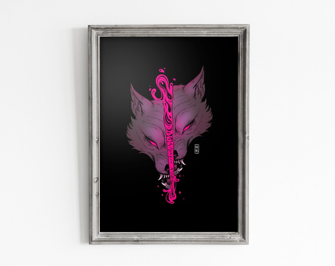 Wolf Head Black and Pink Wolf Art Print Gothic Home Decor Dark Animal ...