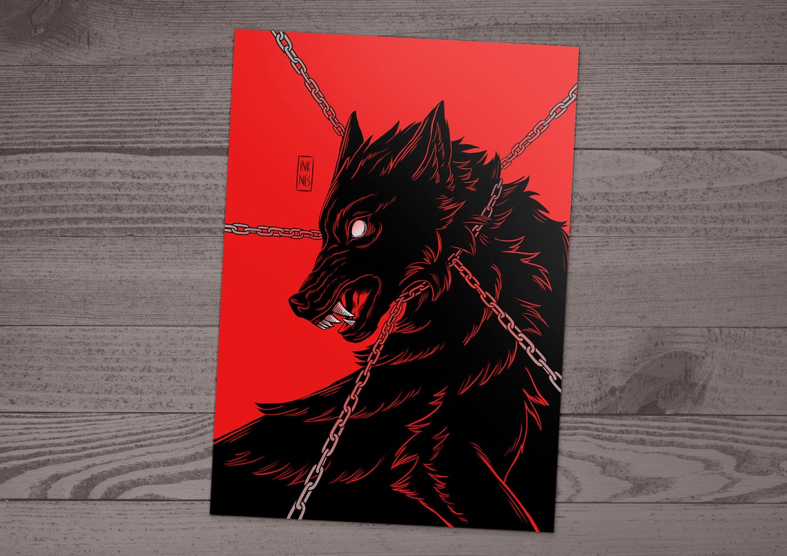 Black Wolf Chained Red Background Wolf Wall Art Gothic - Etsy