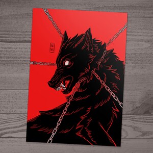Black Wolf Chained Red Background Wolf Wall Art Gothic Home Decor Dark ...