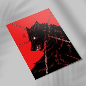 Black Wolf Chained Red Background Wolf Wall Art Gothic Home Decor Dark ...