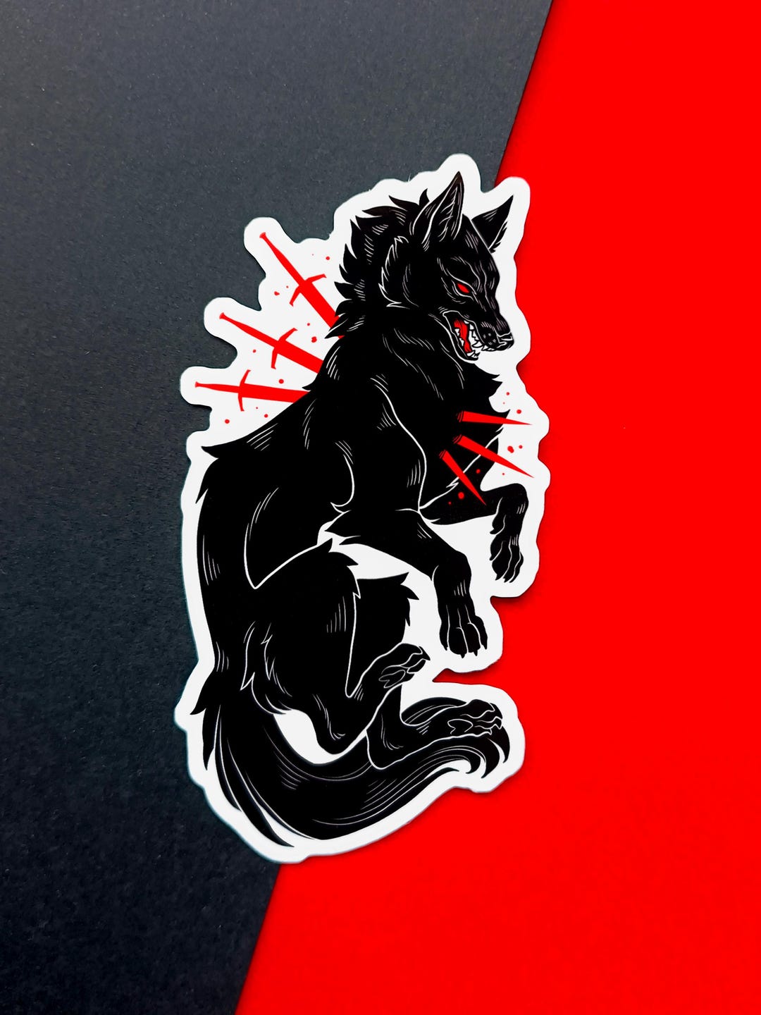 Black Wolf Sticker With Red Swords | Goth Sticker for Water Bottles ...