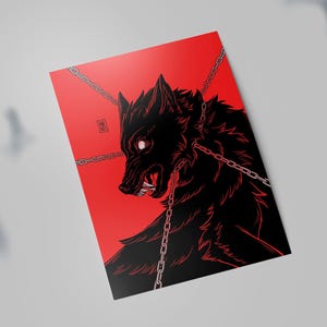 Black Wolf Chained | Red Background | Wolf Wall Art | Gothic Home Decor ...