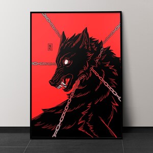 Black Wolf Chained | Red Background | Wolf Wall Art | Gothic Home Decor ...