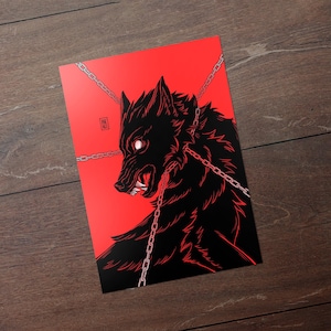 Black Wolf Chained | Red Background | Wolf Wall Art | Gothic Home Decor ...