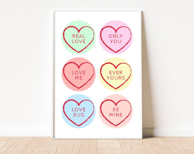 Love Hearts Art Print | Retro Sweets Sweetheart Candy Wall Art ...