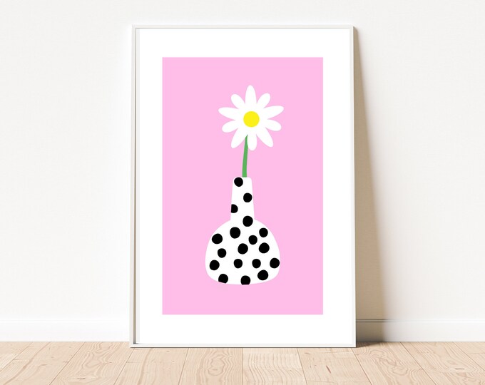 Polka Dot Ikebana Vase Art Print Pink Daisy Print Quirky Floral Wall ...