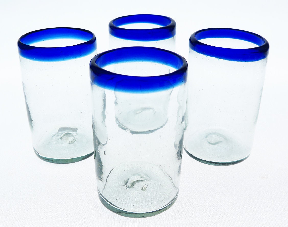 Mexican Glass Blue Rim Tumblers, Set of 4 - Etsy