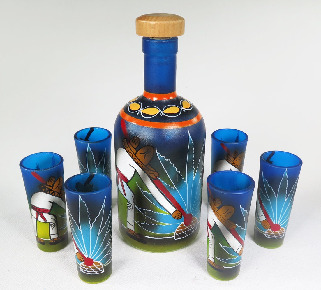 Mexican Tequila Shot Glass Set With Tequila Making Scene, Hand Painted ...