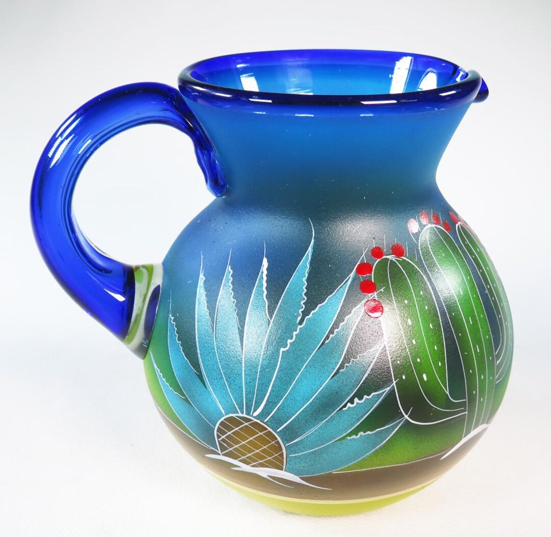 Mexican Glass Pitcher Painted With Pancho Jimador, Saguaro, and Agave ...