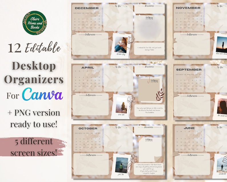 Desktop Organizer Wallpaper Pink Floral 2022-2023 Calendar - Etsy