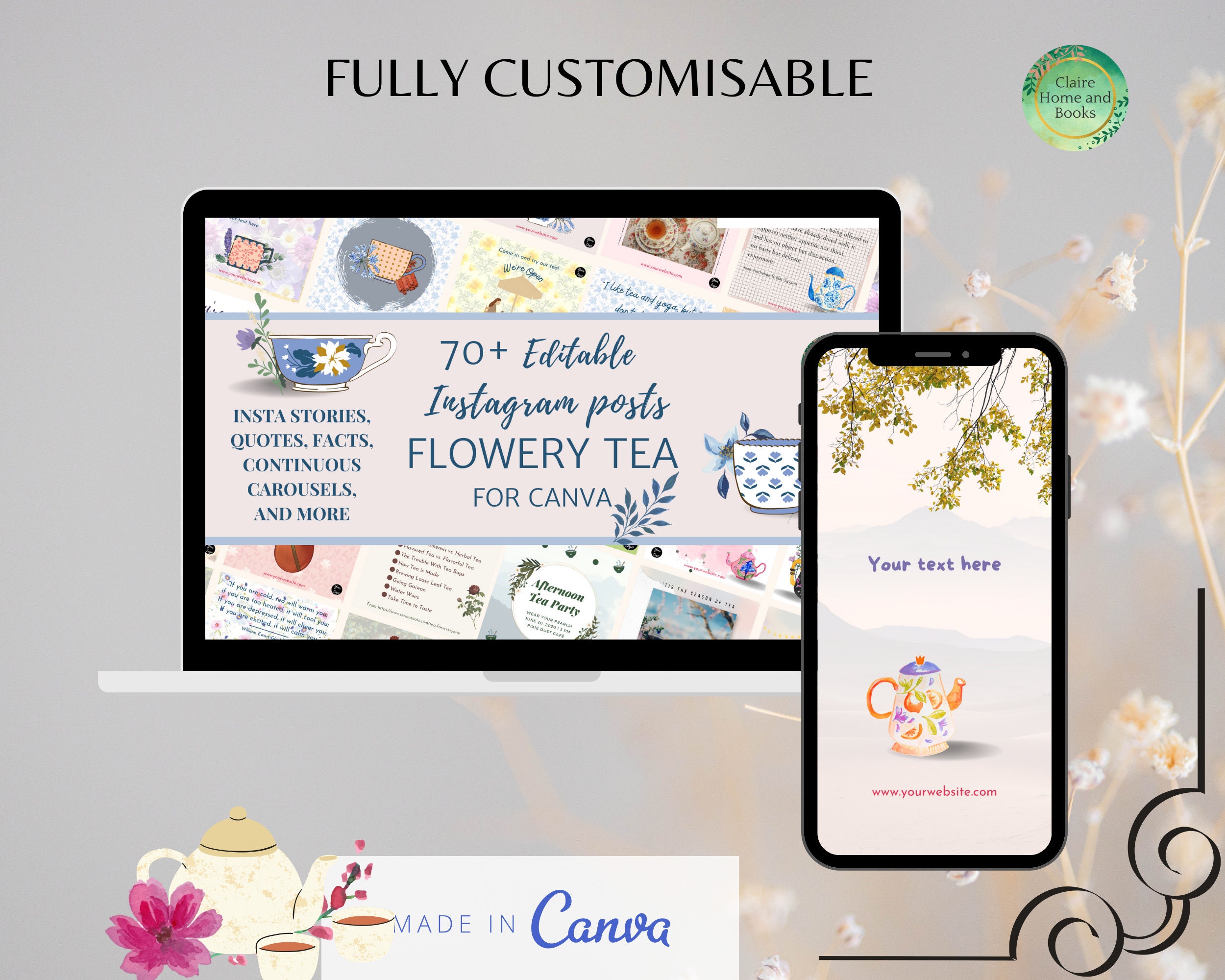 70+ Flowery Tea Instagram Templates for Canva | Social Media Kit for ...