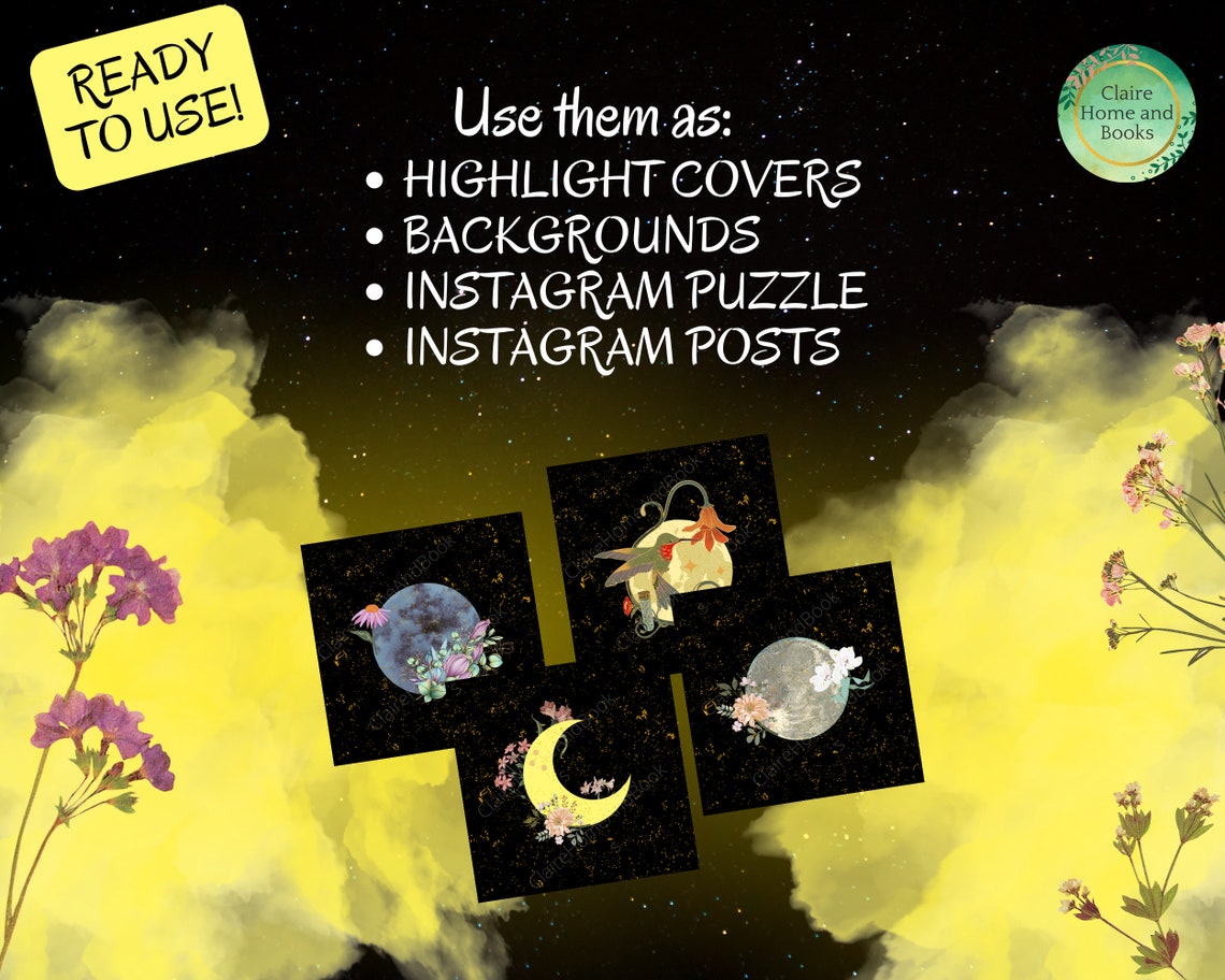 Digital Moon Flowers Instagram PNG Files Backgrounds, Highlight Covers ...