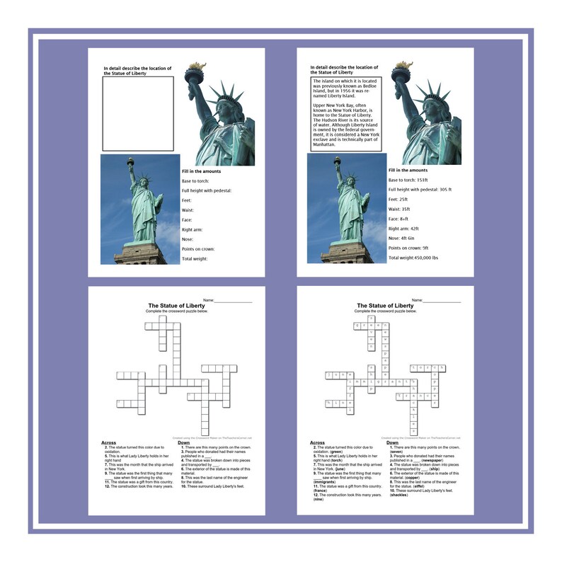Statue of Liberty Worksheet Set - Etsy