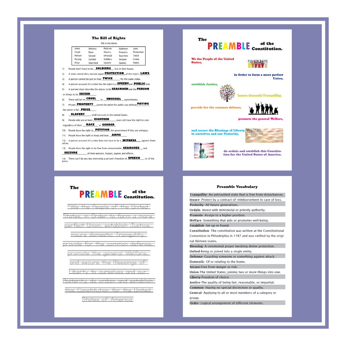 Bill of Rights & Preamble Worksheets - Etsy