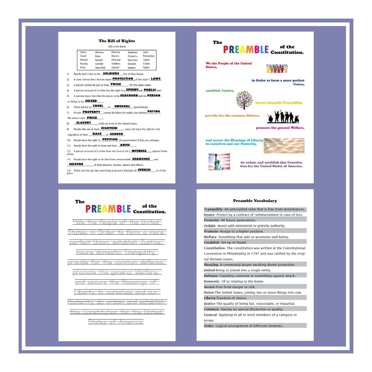 Bill of Rights & Preamble Worksheets - Etsy