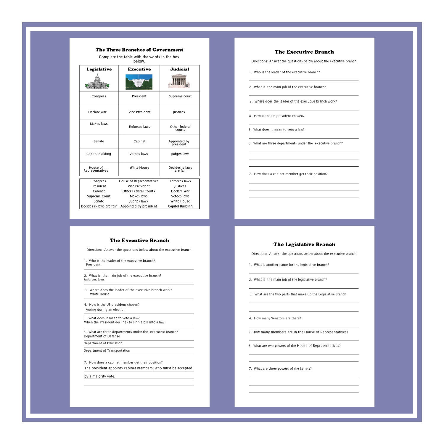 3 Branches of Government Worksheet Set - Etsy