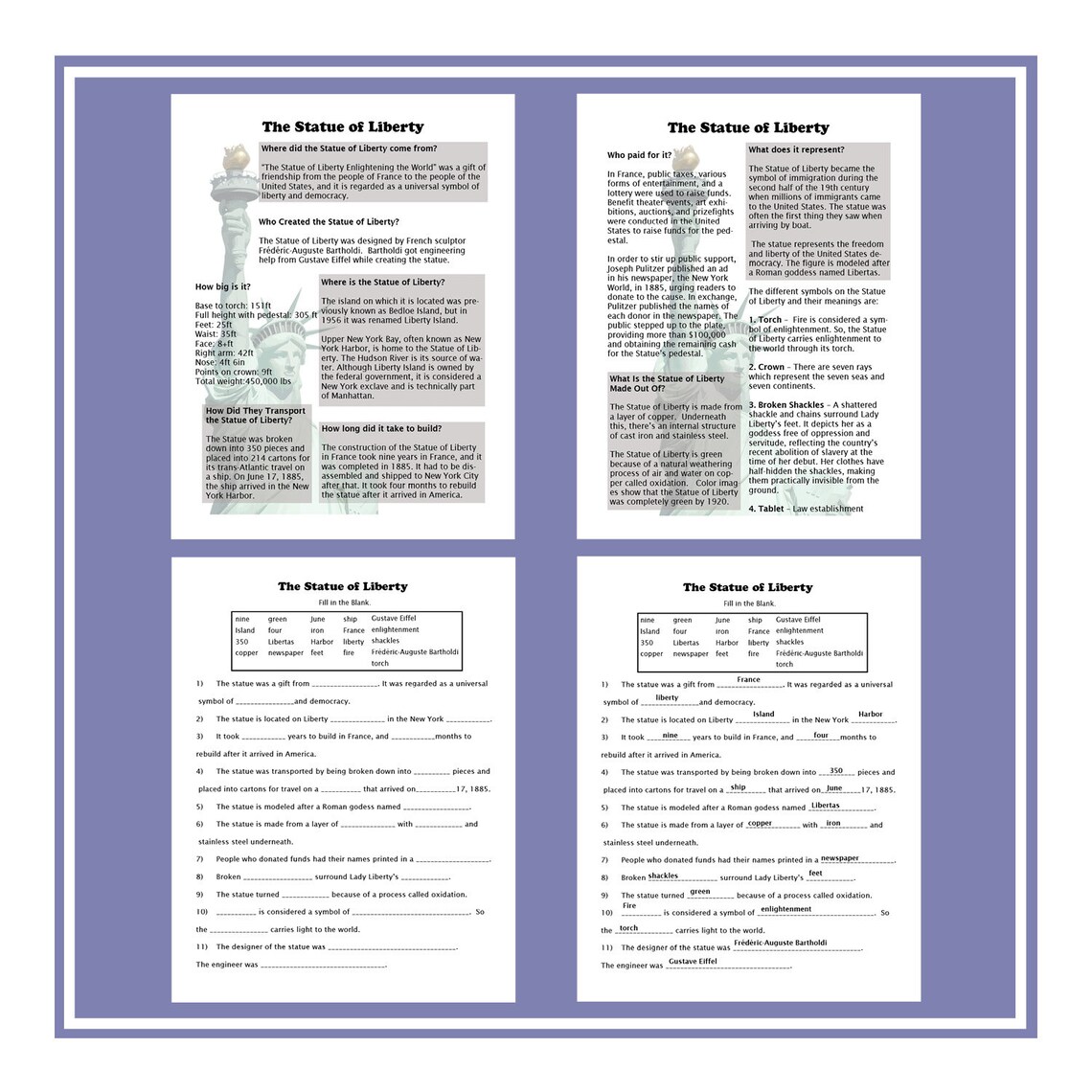 Statue of Liberty Worksheet Set - Etsy