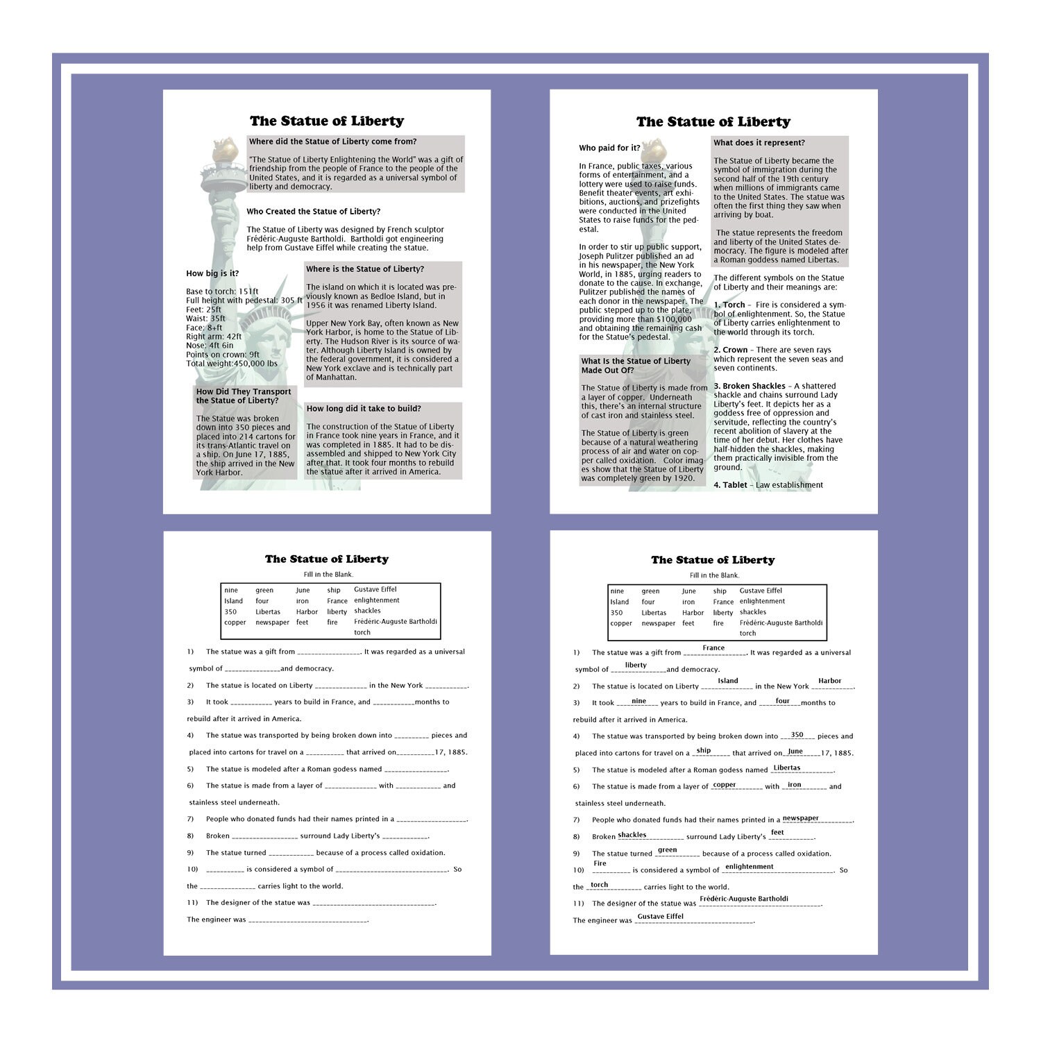 Statue of Liberty Worksheet Set - Etsy