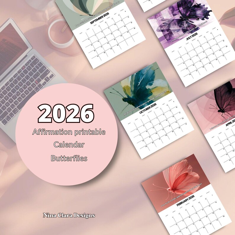 2026 Printable Affirmation Calendar for Women – Butterfly Wall Calendar ...