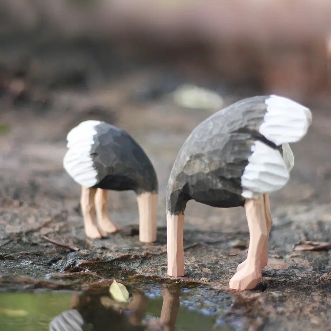 Wooden Head Buried Ostrich Figurine for Table Top or Shelf Decoration ...