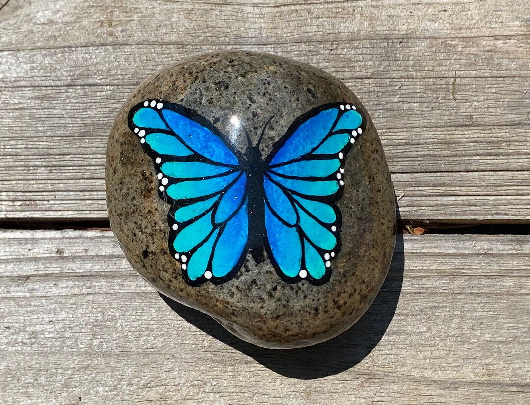 Butterfly Rock, Blue Butterfly, Hand Painted Rock, Desk Ornament ...