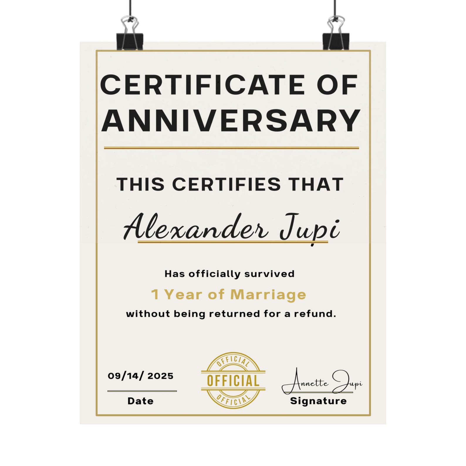 First Anniversary Certificate, Funny Paper Anniversary Gift, Matte ...