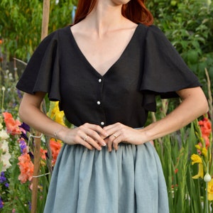 Linen Blouse With Butterfly Sleeves, Women's Linen V-neck Blouse ...