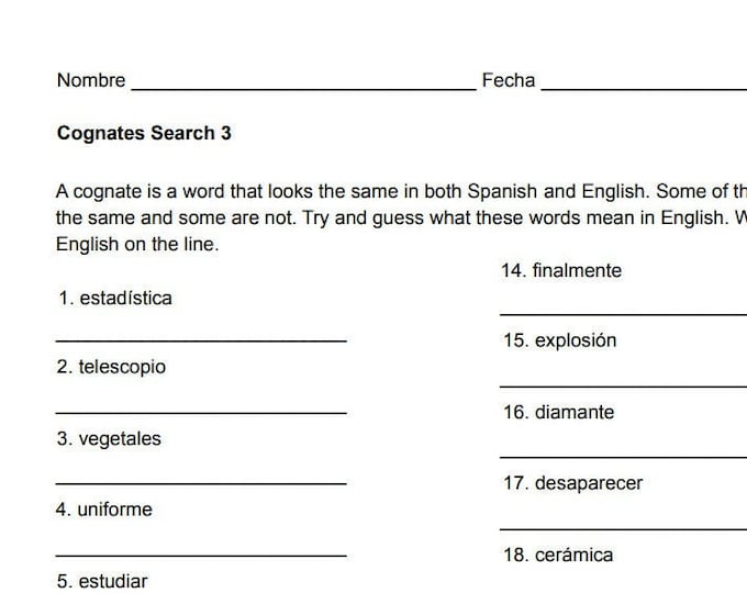 Spanish Cognates Worksheet 3 - Etsy