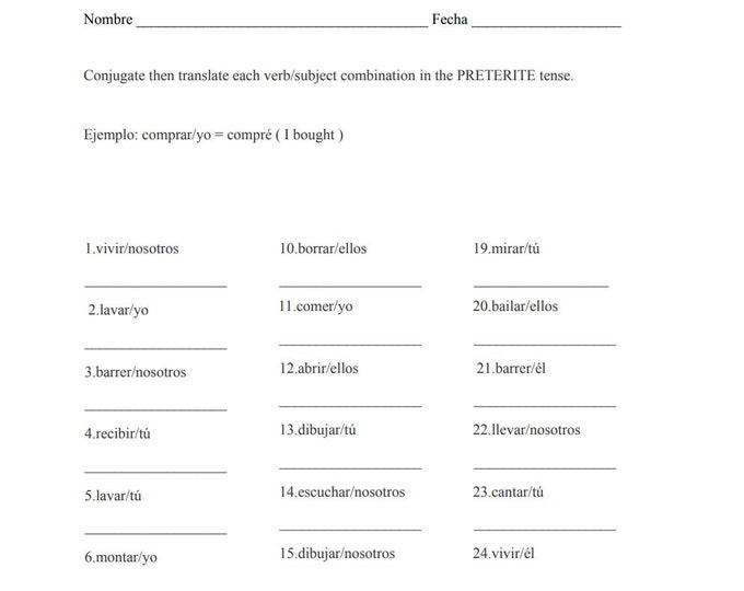 50 Spanish Preterite Tense Conjugations Worksheet - Etsy