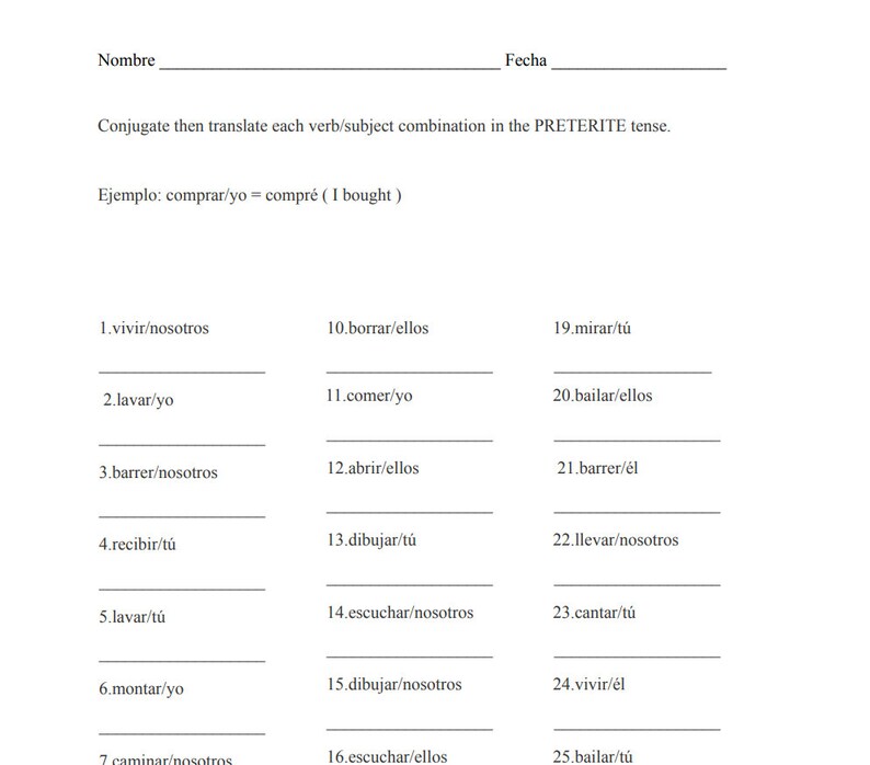 50 Spanish Preterite Tense Conjugations Worksheet - Etsy