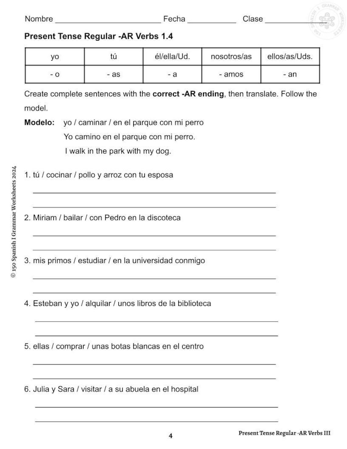 Spanish -AR Present Tense Bundle With Answers (14pages) - Etsy
