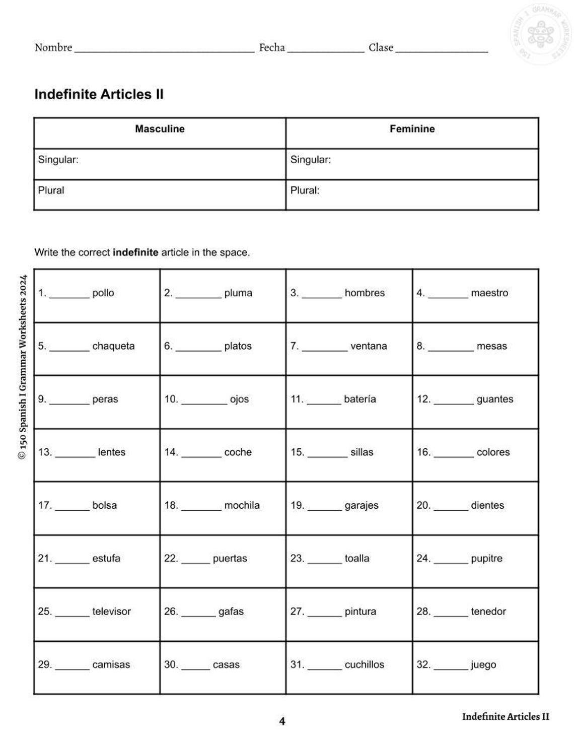 Spanish Definite and Indefinite Articles Practice Worksheet Bundle (4 ...