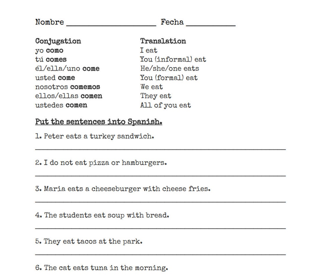 Spanish Comer Practice Conjugation 10 Problems - Etsy