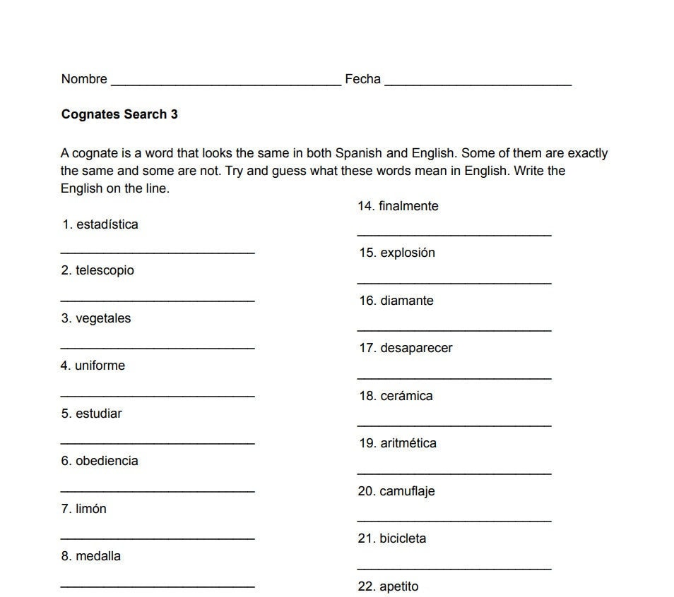 Spanish Cognates Worksheet 3 | Etsy
